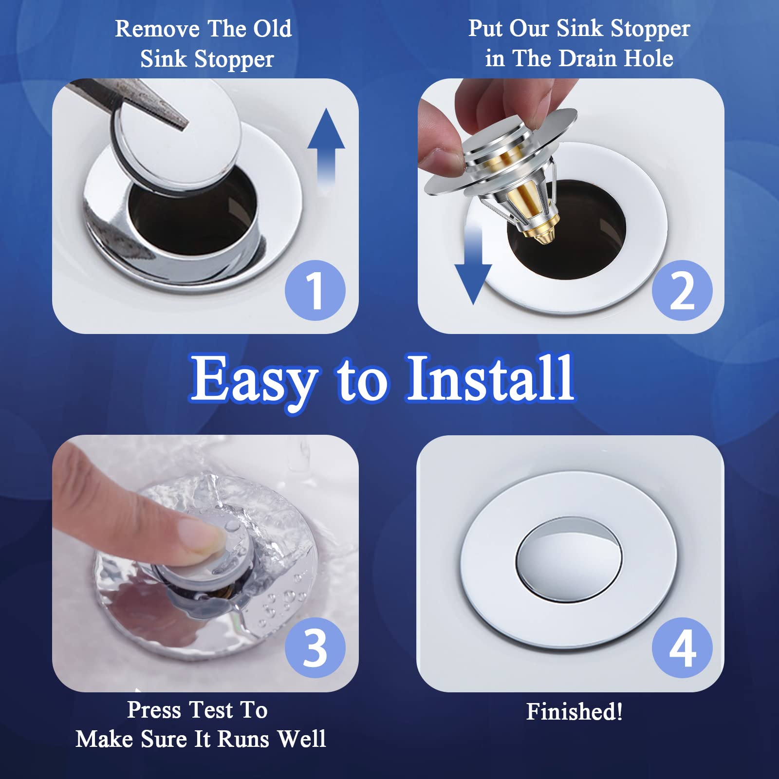 2.0 Upgraded Universal Bathroom Sink Stopper Pop Up, Sink Drain Plug for 1.06-1.80'' Drain Holes, Bathroom Stainless Steel Sink Drain Filter With Basket (Silver 1pc)