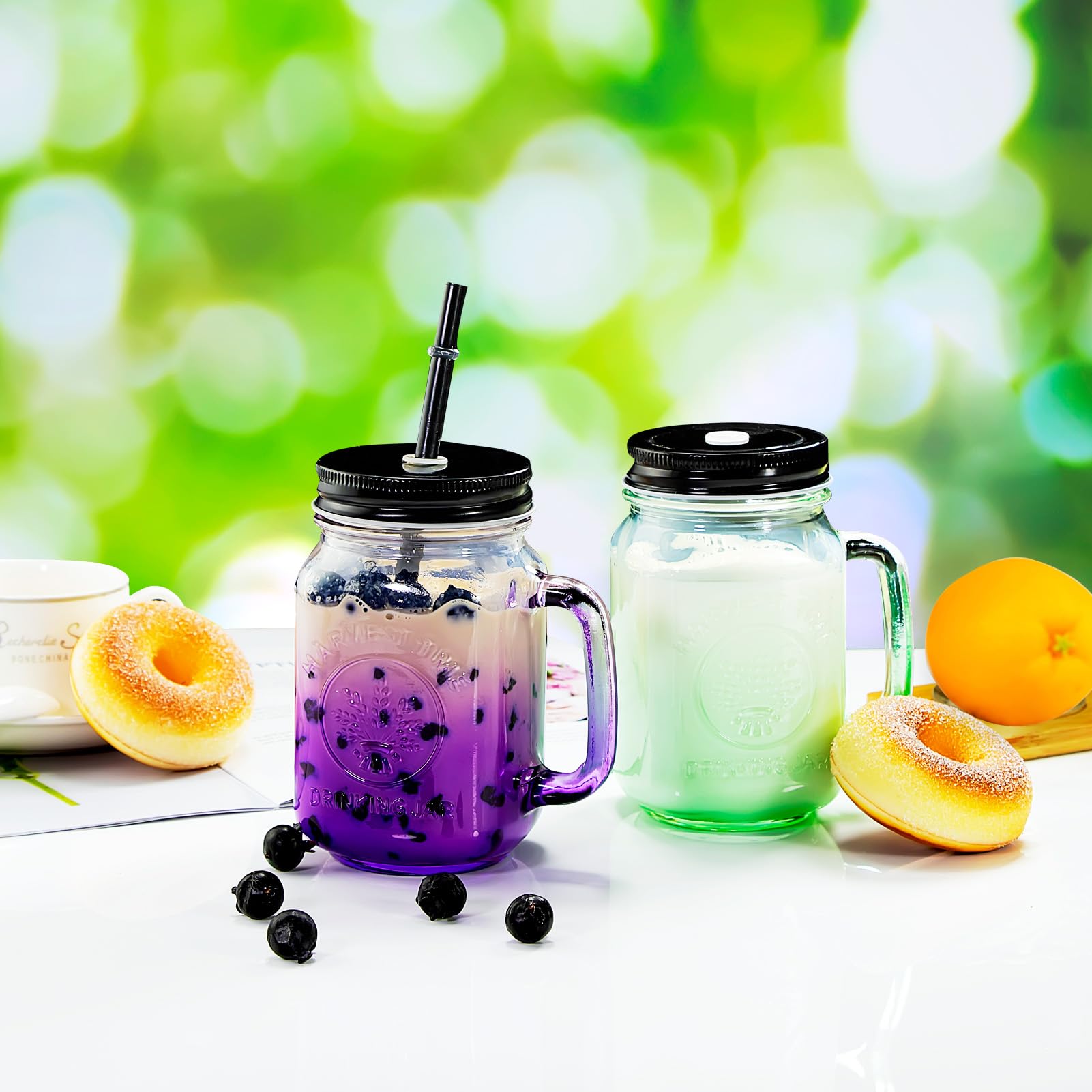 16 OZ Mason Jars with Lids and Straws,Glass Mugs with Handle Set of 4/6 Drinking Glasses,Large Wide Mason Jars Cup Set (Green, 6)