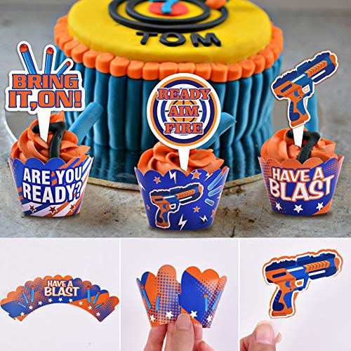 Cracoo Dart War Party Cupcake Toppers Wrappers Kids Birthday Gun Picks Target Bullet Dart War Party Supplies Decoration -48 Piece