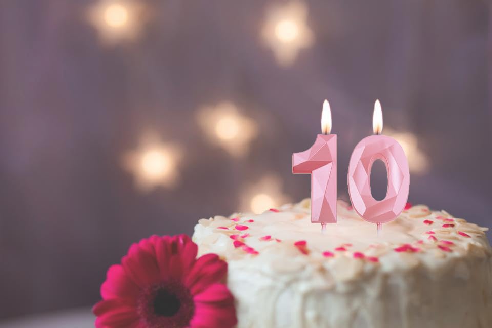 2 inch Pink 10 Birthday Candles, 3D Diamond Number 10 Cake Topper for Boys Girls Birthday Party Decorations Theme Party