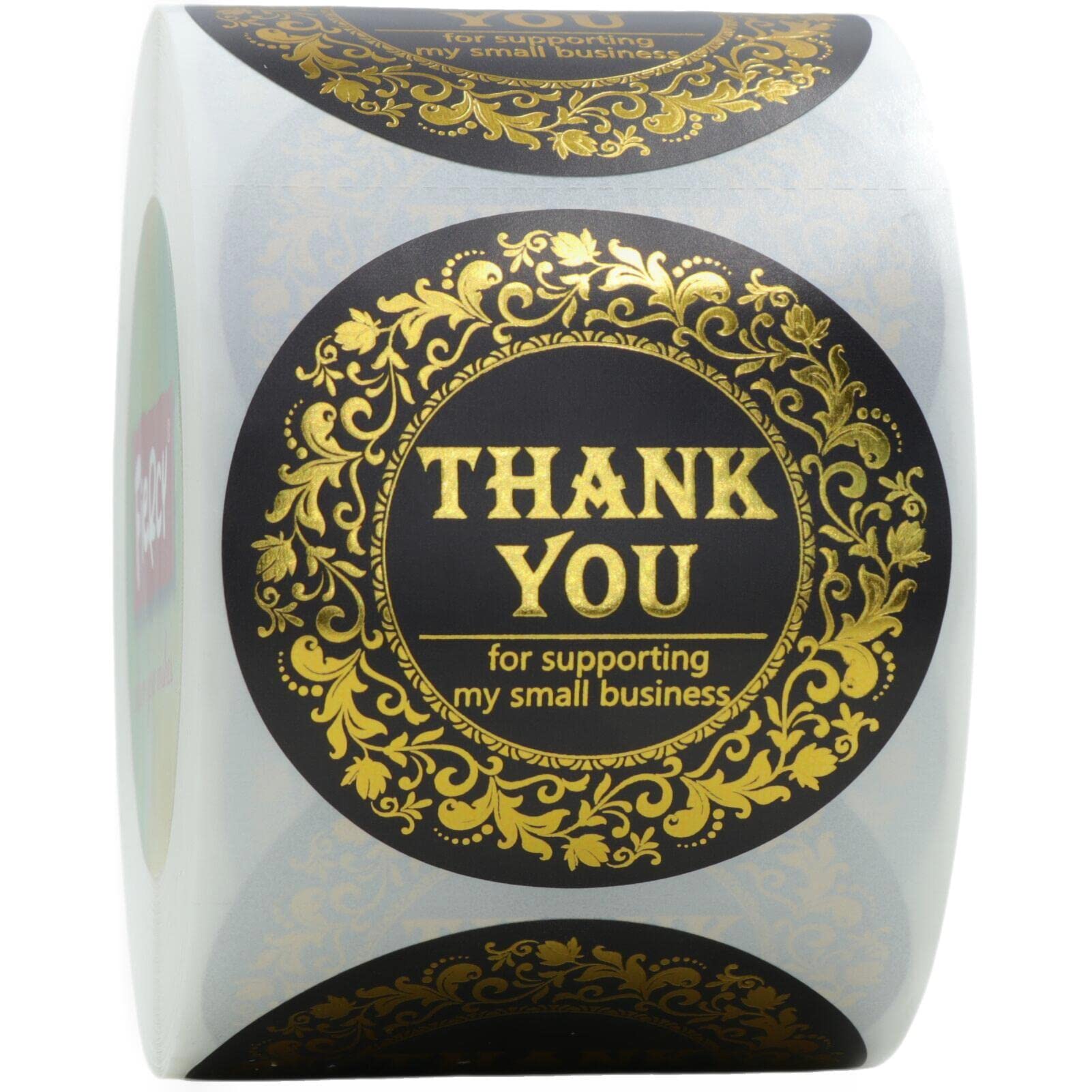 2 Inch Thank You Stickers Small Business with Gold Floral Frame, 500 Gold Foil Round Sticker Labels Roll for Small Business Packaging Supplies, Black Thank You Sticker Tags, Small Business Stickers