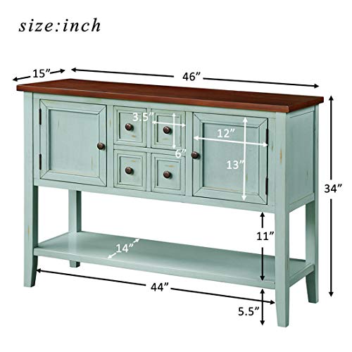 NORAN Buffet Sideboard Distressed Console Table with Bottom Shelf,Cambridge Series 46" L x 15" W x 34" H Retro Design Wooden American Homes Collection Table (Antique Blue)