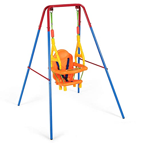 Costzon Toddler Swing Set, Outdoor A-Frame Swing for Backyard with Safety Harness and Handrails, Swing Stand Frame with Anti-Rust Frame for Outdoor Garden Backyard Kindergarten (Swing with Handrails)