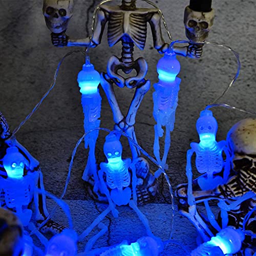 2 Pack Halloween Decoration Skeleton Skull String Lights Battery Operated, Spooky Decoration Waterproof 15LED String Lights with 8-Lighting Modes for Indoor/Outdoor, Home, Party, Yard Decor (Blue)