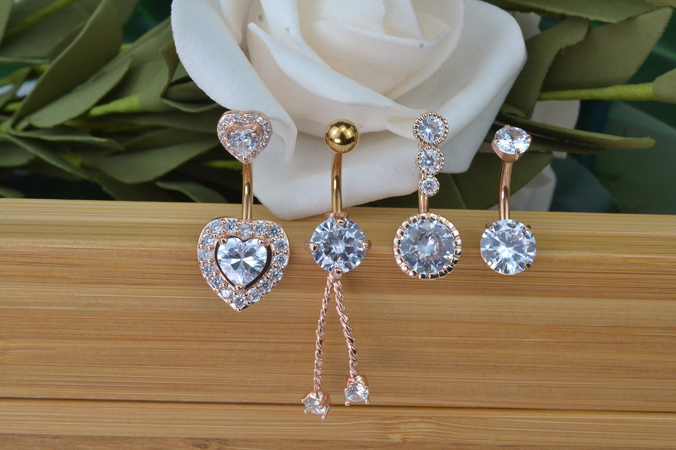 14G Surgical Steel Belly Button Rings Round/Love Heart Clear CZ Navel Curved Barbell Studs Sexy Body Piercing (4PCS - Rose Gold)
