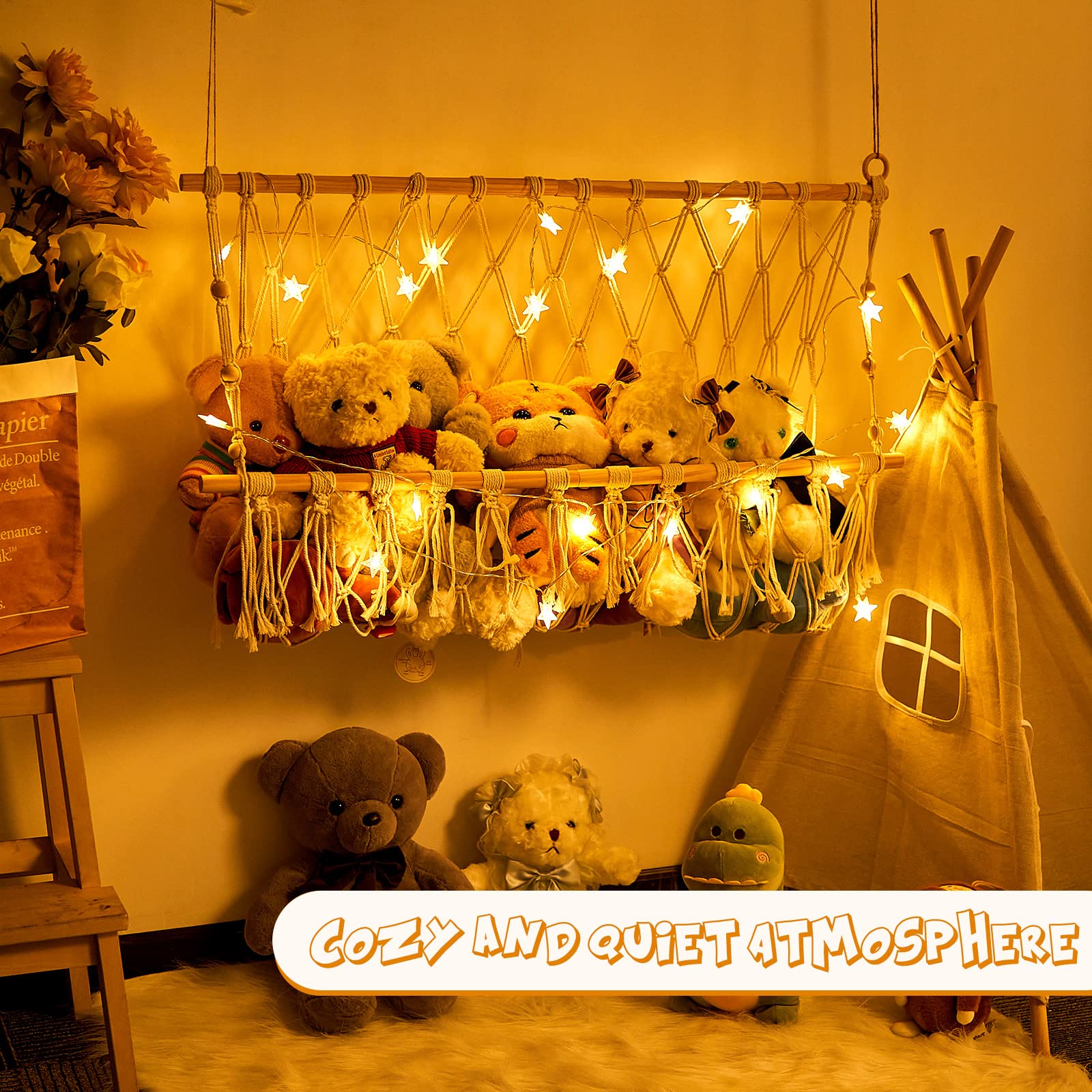 2 Pcs Stuffed Animal Hammock with LED Light, No Battery, Macrame Stuffed Animal Toy Hammock for Neatly Store Hanging Plush Animals Toys Animals Net Storage Organizer for Nursery Play Room Bedroom