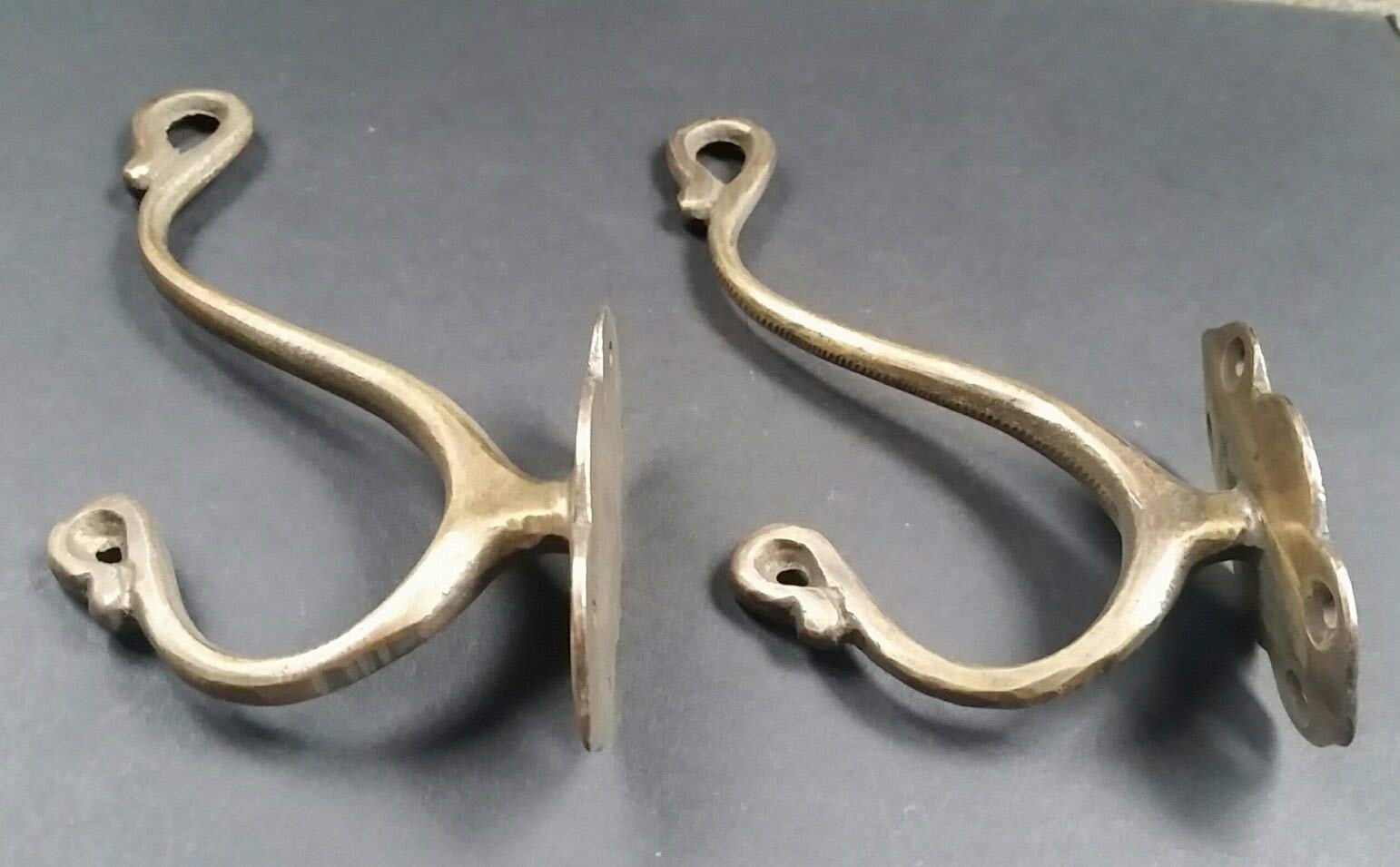 2 Large Solid Brass Vintage Antique Style Ornate Double Coat Hat Towel Hooks 6" #C11