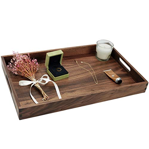 MAGIGO 20 x 12.5 Inches Medium Rectangle Black Walnut Wood Ottoman Tray with Handles, Serve Tea, Coffee or Breakfast in Bed, Classic Wooden Decorative Serving Tray