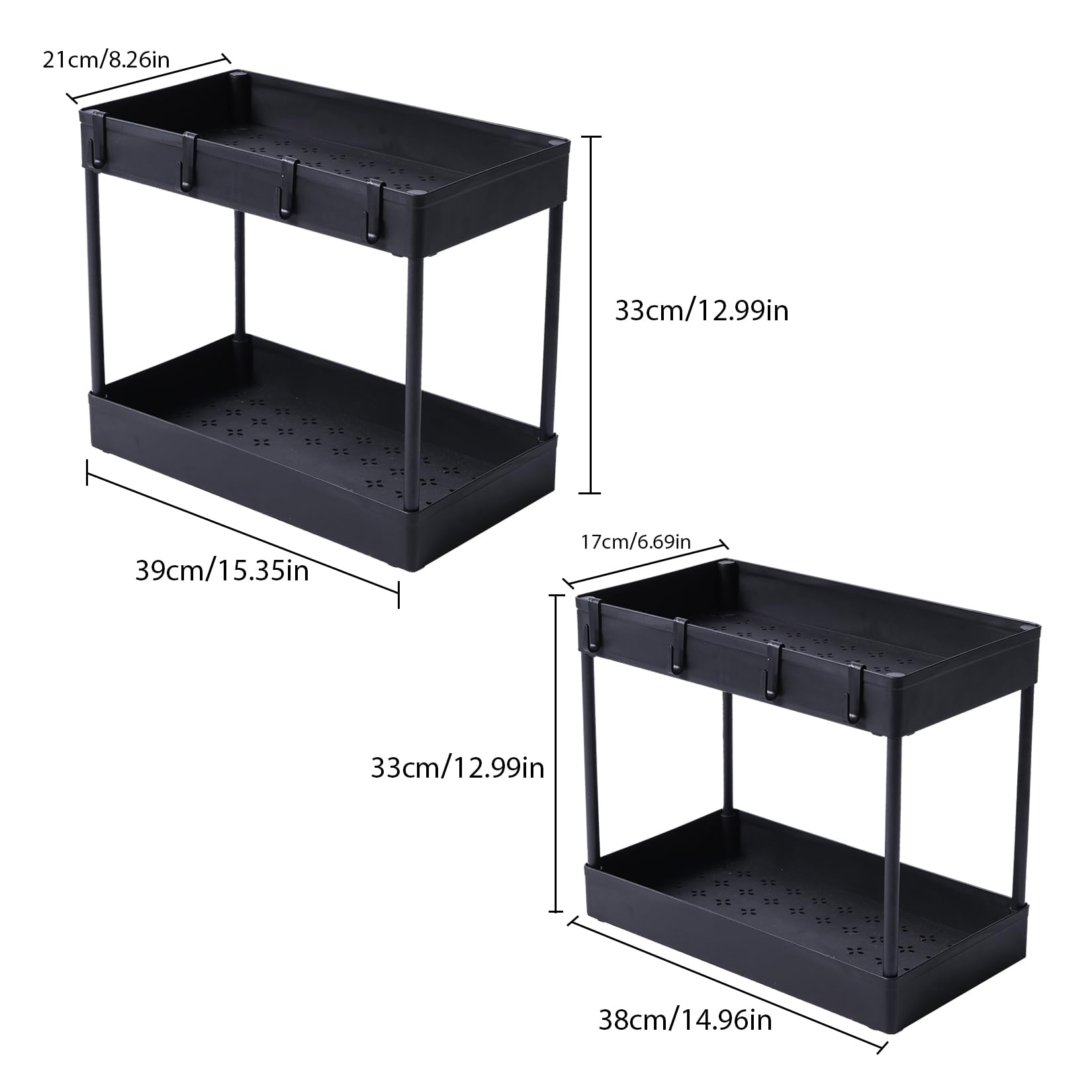 2 pcs under sink organizers and storage,2 Tier cabinet organizer,under sink organizer with 8 Hooks for Bathroom Kitchen,Black.
