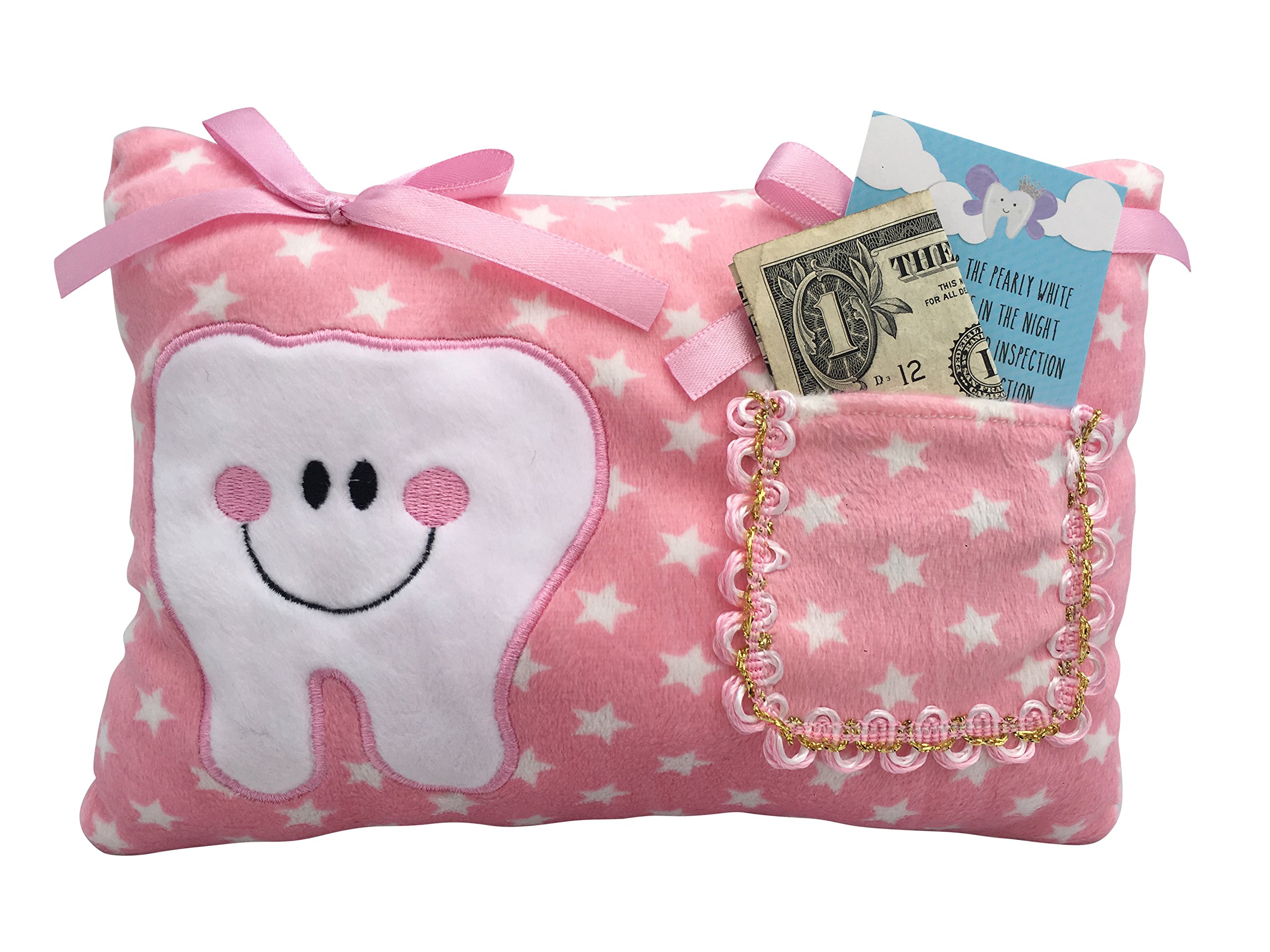 APOWUS Girls Tooth Fairy Kit with Pink Pillow, Wood Box Organizer, 20 Letters