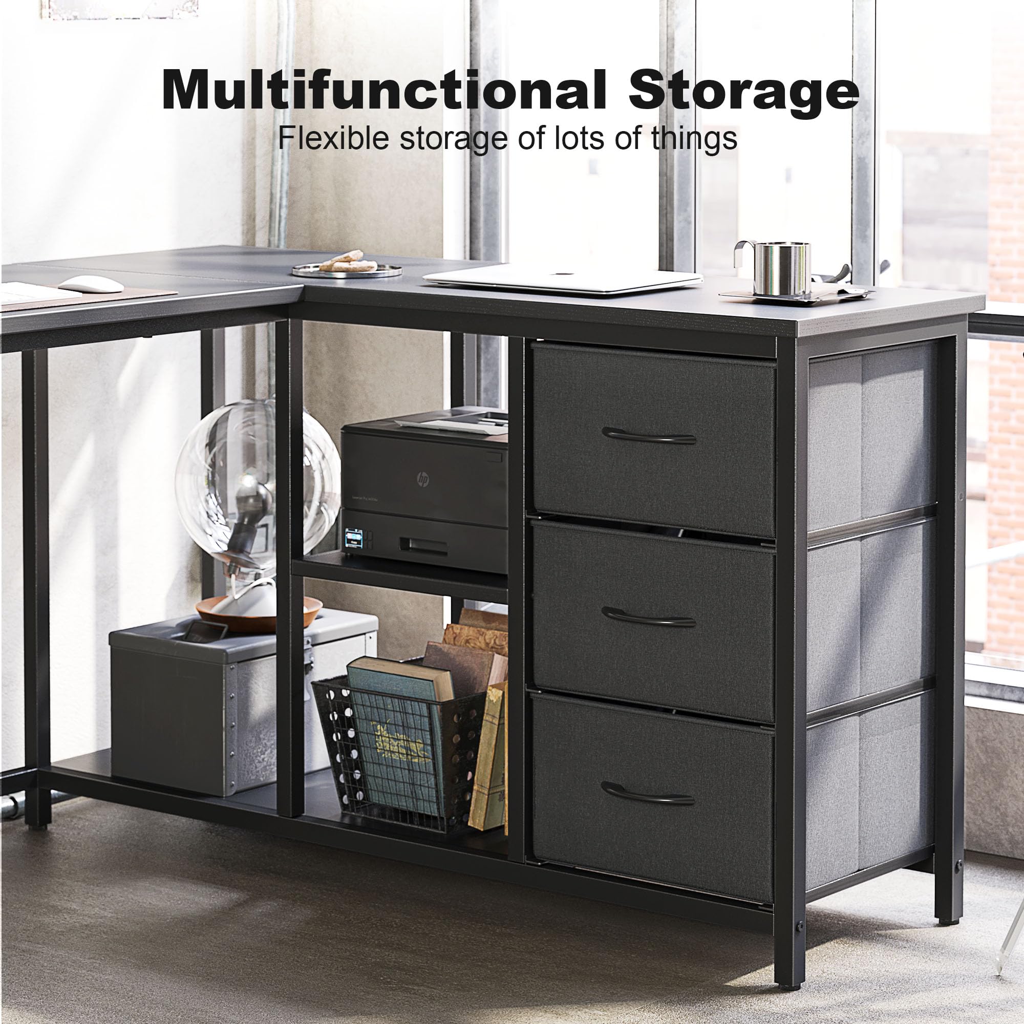 Treesland L Shaped Desk with Drawers, Computer Desk with Storage & Shelves, Corner Desk with Storage, Home Office Desks with Drawers, L Shape Desks with Storage, Black