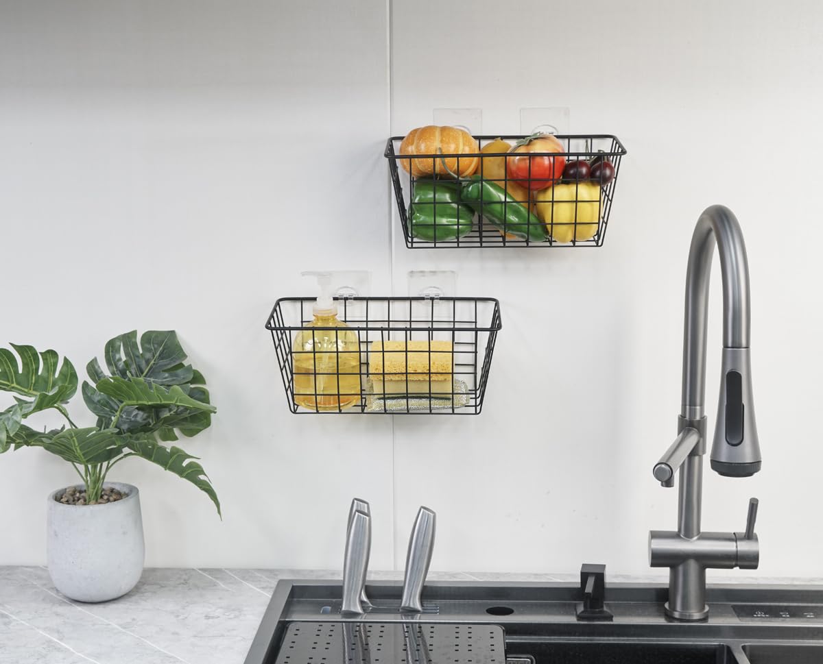 2 Pack Hanging Storage Basket, Bathroom Basket, Household Goods Storage Basket, with Traceless Tape, no Drilling, for Cabinet Storage, Kitchen, Bathroom, Storage Room (2 Black)