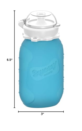 Blue 6 oz Squeasy Snacker Spill Proof Silicone Reusable Food Pouch - for Both Soft Foods and Liquids - Water, Apple Sauce, Yogurt, Smoothies, Baby Food - Dishwasher Safe