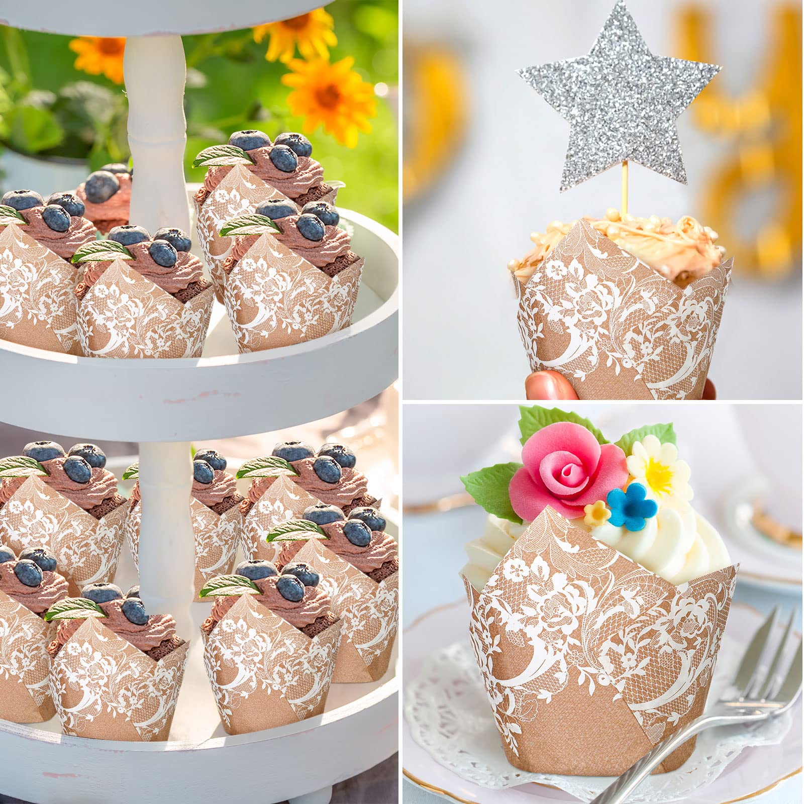 200 Pcs Wedding Tulip Cupcake Liners Bridal Shower Muffin Liners Baking Cups Greaseproof Paper Cupcake Wrappers Cupcake Holders for Party Wedding Girls Birthday Decoration (Lace)