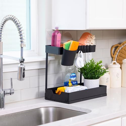 2 Sets of 2 -Tier Multi-Purpose Under Sink Organizer and Storage, Adjustable Height Pull Out Under Sink Kitchen Bathroom Cabinet with 8 Hooks and 2 Hanging Cup, Kitchen Sink Splash Guard
