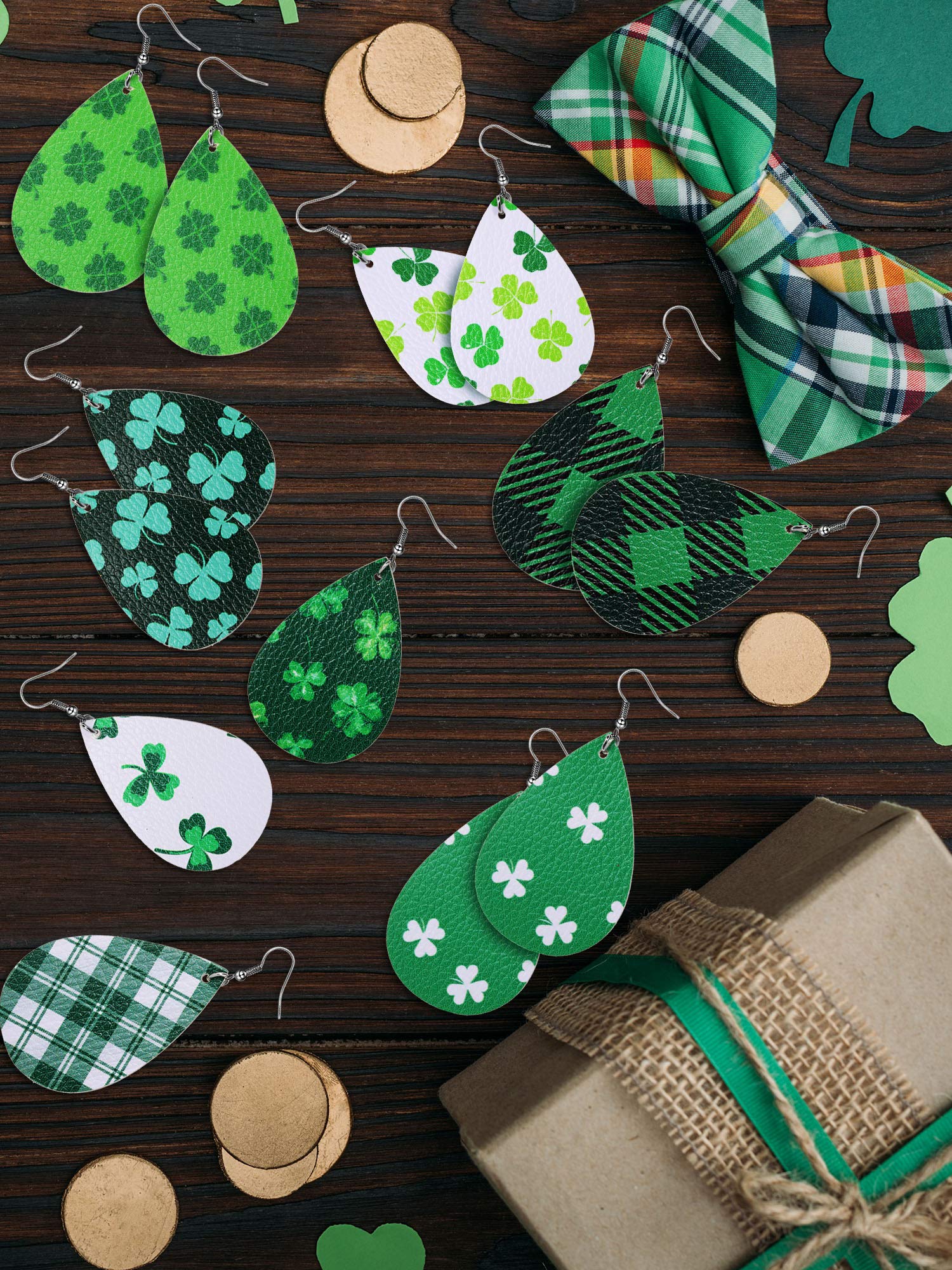 16 Pairs St. Patrick's Day Shamrock Dangle Earring Faux Leather Clover Drop Earrings Green Plaid Teardrop Earrings