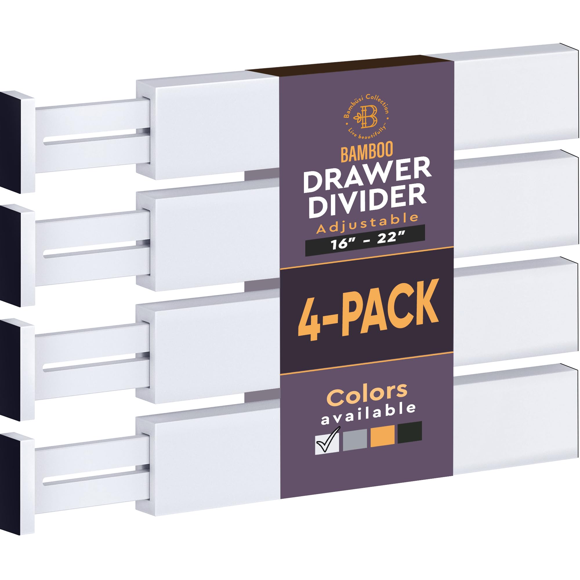 4 Pack Drawer Dividers Bamboo 2.6" High, 16-22" Adjustable Drawer Organizers for Clothes, Expandable Dresser Separators in Bedroom/Bathroom/Kitchen/Office Organization and Storage (White)