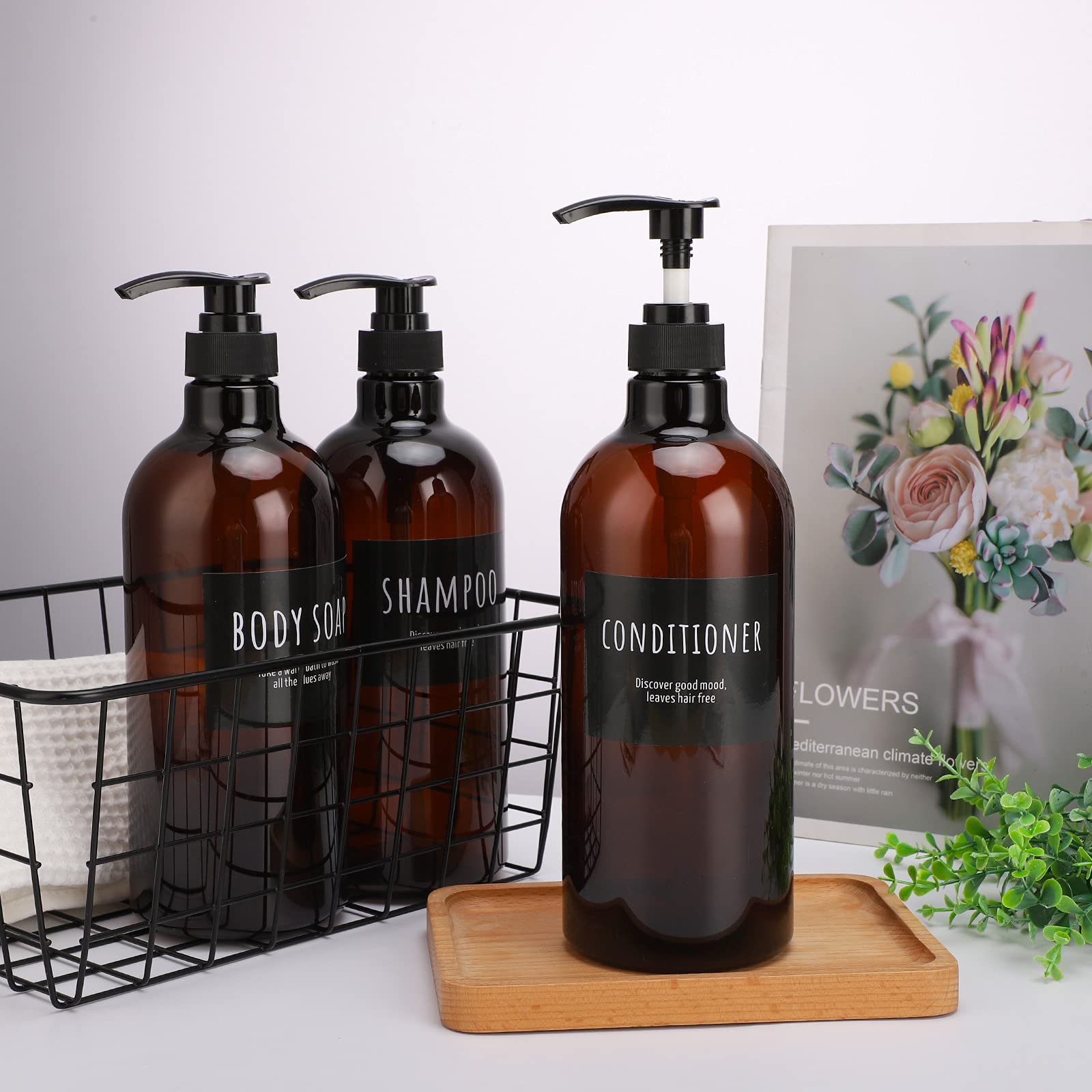 Segbeauty 32oz Shampoo Bottle, Empty Shampoo and Conditioner Bottle with Pump, 3pcs 1Liter Shampoo Dispenser Bottle for Body Soap Conditioner, Labeled Brown Plastic Press Dispenser Refillable