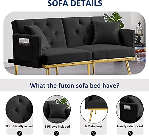 60"Convertible Folding Futon Sofa Bed with 2 Pillows and Armrest,Modern Velvet Sleeper Couch Bed with 3 Adjustable Backrests,Recliner Loveseat for Small Space,Living Room Bedroom Apartment (Black)