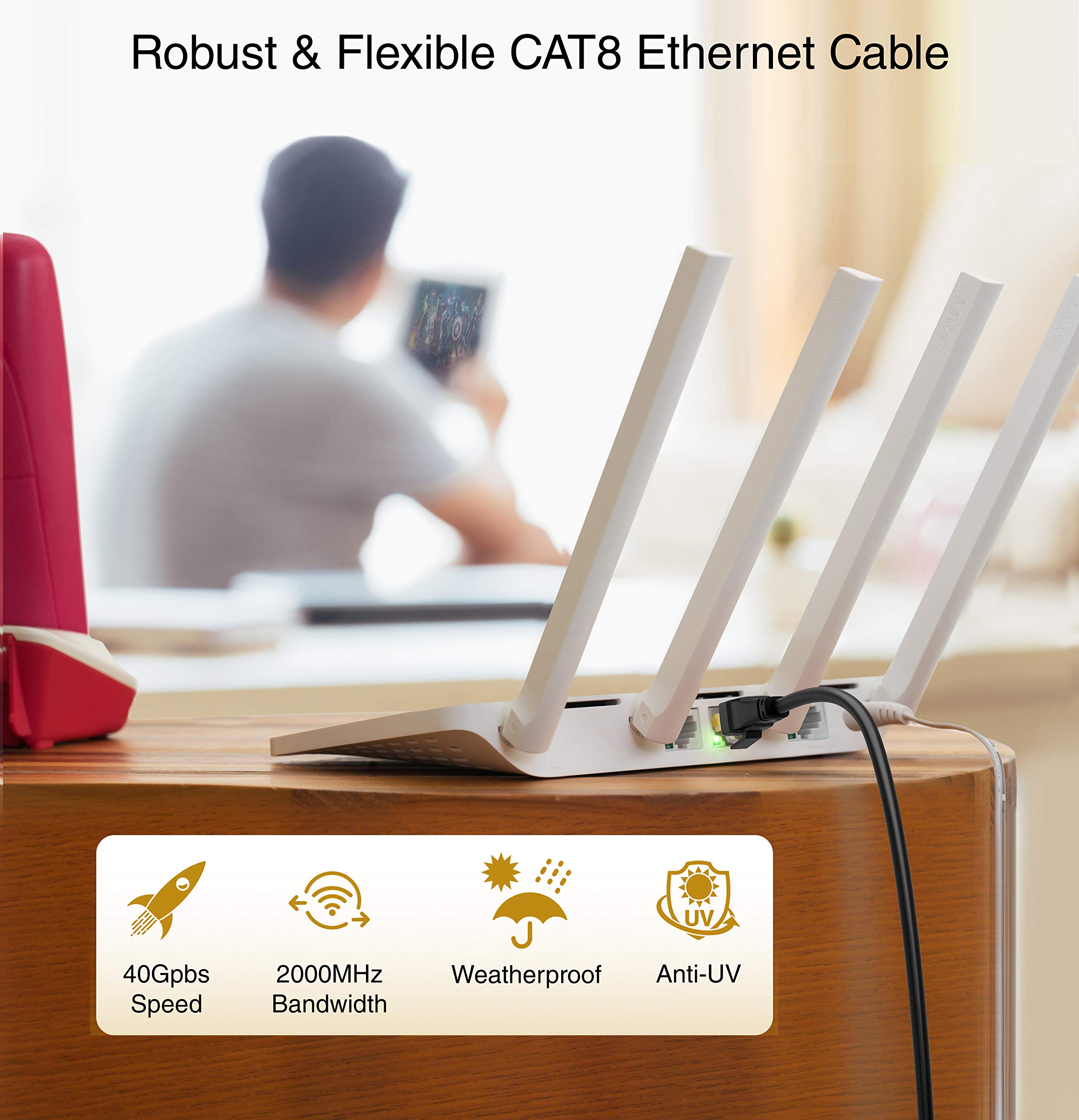 BlueRigger CAT 8 Ethernet Cable - 50FT Regular (RJ45, 40Gbps, 2000MHz, CAT8 Internet Cable) High Speed LAN Network Cable - Compatible with Game Consoles, HDTV, Router, PC