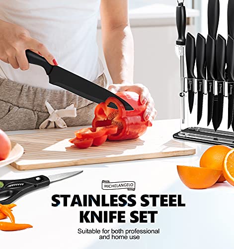 MICHELANGELO Kitchen Knife Set with Block, Sharp Black Knife Set for Kitchen, 16 Piece Stainless Steel Cooking Knife Set with Sharpener, Includes Steak Knives Set, Chef Santoku Knives, Black