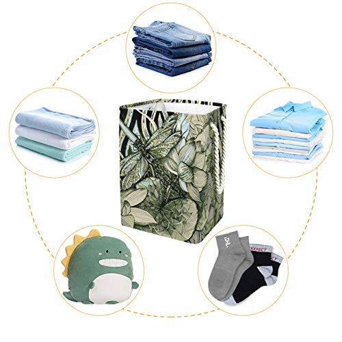 Toy Storage Basket Green Dragonfly Flower Laundry Basket with Durable Soft Handle Drawstring Waterproof Collapsible Washing Bin Dirty Clothes Storage 19.3x11.8x15.9 in