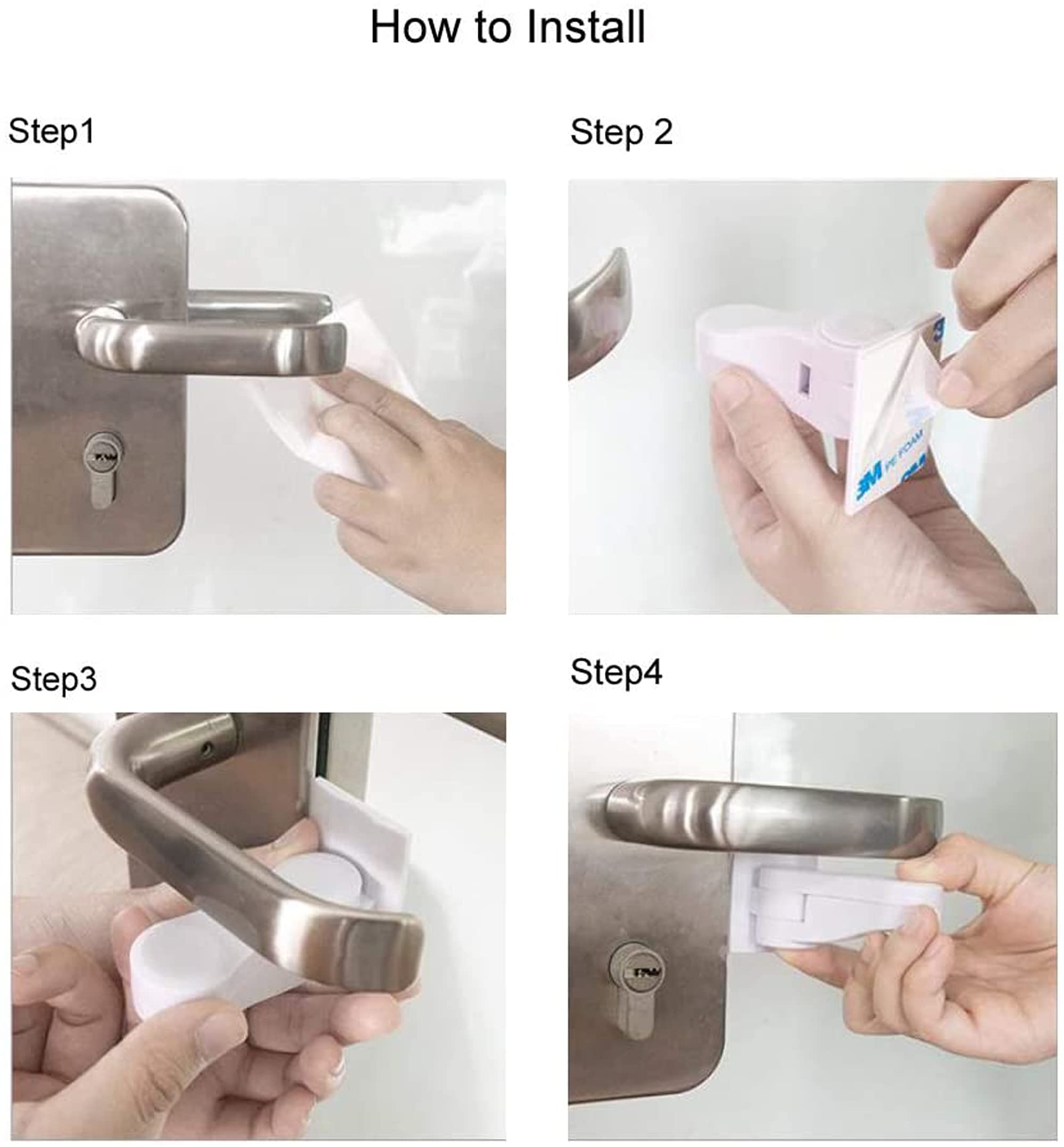 Childproof Door Lever Lock (4 Pack) Prevents Toddlers from Opening Doors. Easy One Hand Operation for Adults. Durable ABS with 3M Adhesive Backing. Simple Install (White)