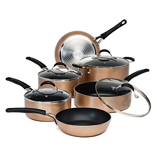 Ecolution Impressions Hammered Nonstick Pots and Pans Set, Dishwasher Safe Cookware with Riveted Stainless Steel Handles, 10-Piece, Copper
