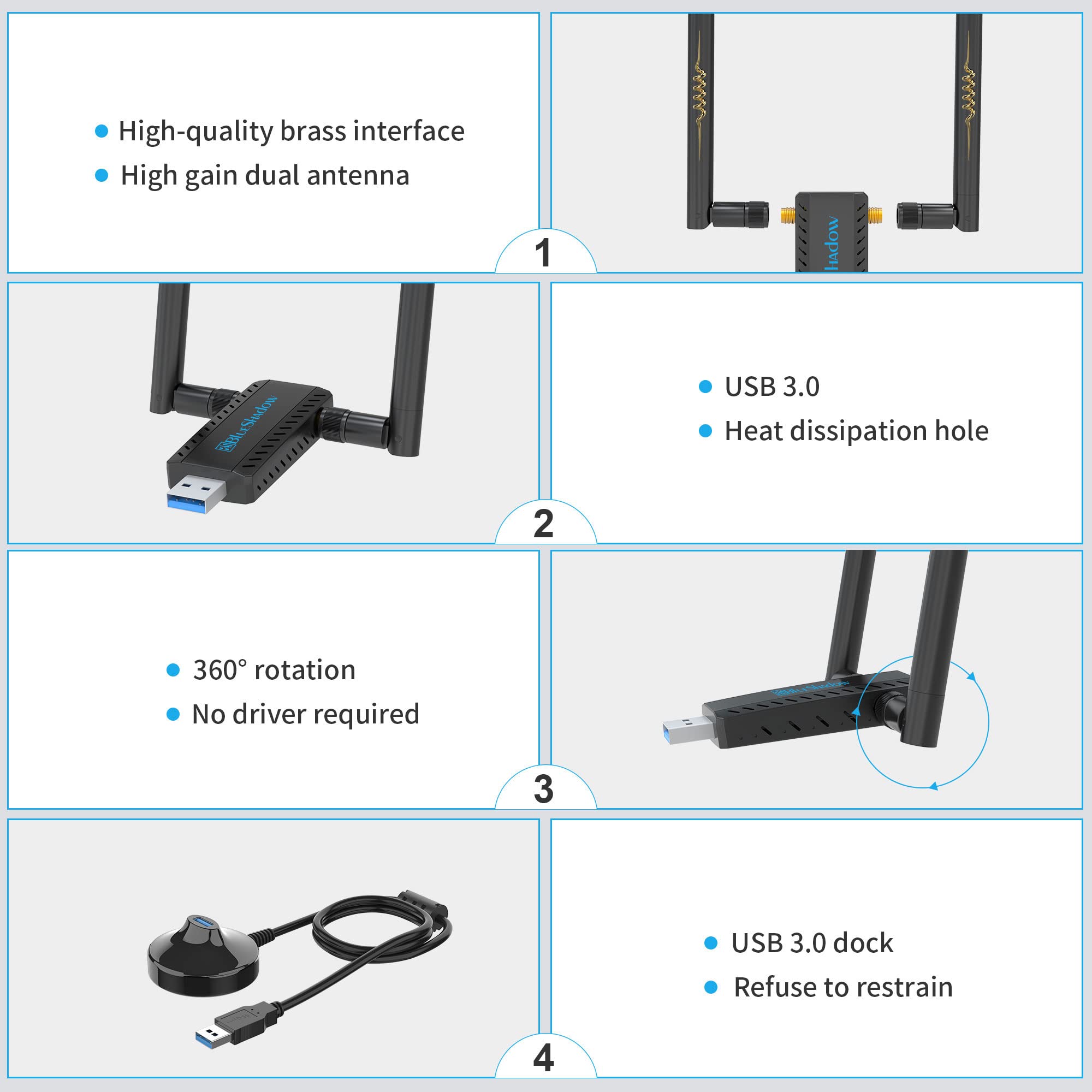 Blueshadow AC1900 USB WiFi Adapter for Gaming - 2.4G/5G Dual Band Wireless Network Adapter for PC Desktop, MU-MIMO WiFi Dongle, USB 3.0, Supports Windows11/10/8/7/Vista/XP, /Mac OS X 10.5-10.15
