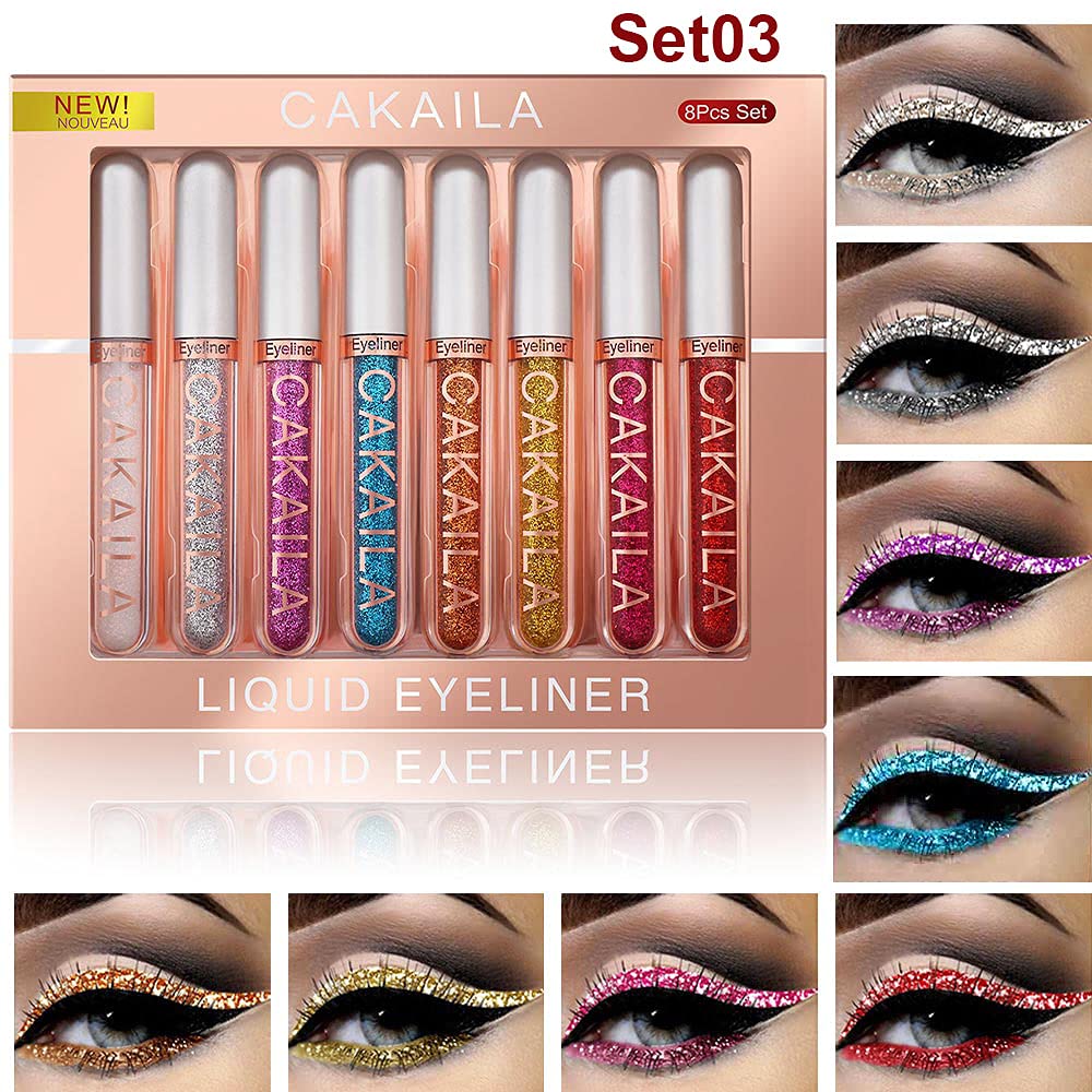 evpct 8 Colors Liquid Glitter Eyeliner Liquid Sets Glitter Eye Liners for Women Liquid White Silver Rose Gold Pink Liquid Sparkly Glitter Eyeliner
