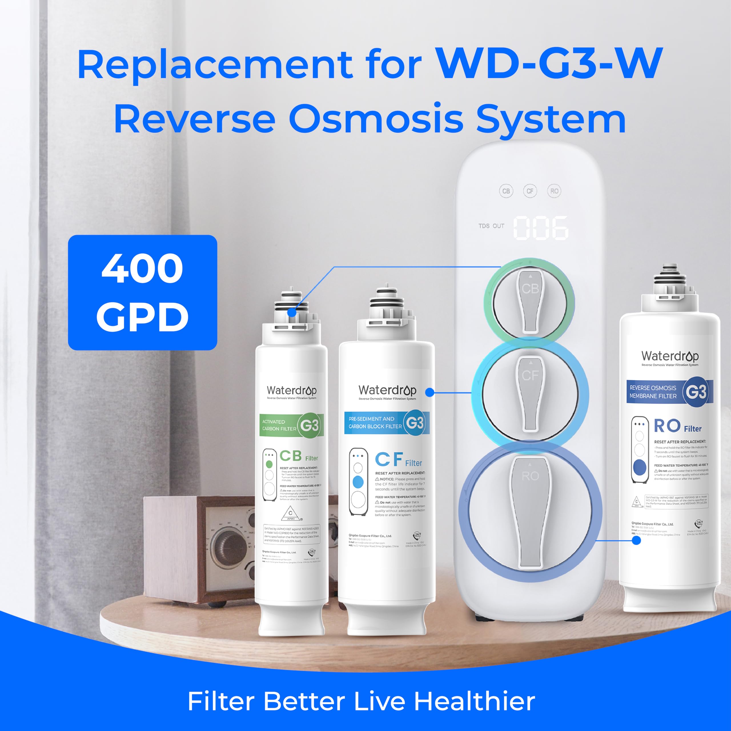 Waterdrop G3 Replacement Filter, Replacement for 𝐖𝐃-𝐆𝟑-𝐖 𝟒𝟎𝟎𝐆𝐏𝐃 Reverse Osmosis System, Pack of 1 WD-G3-CF Filter, 1 WD-G3-CB Filter, and 1 WD-G3-N2RO Filter