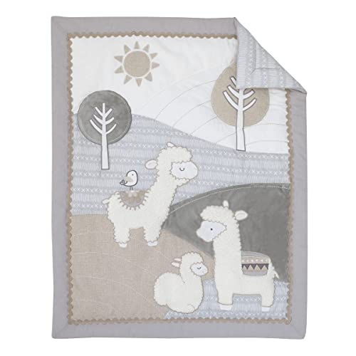 NoJo Mama's Little Llama Grey, White and Charcoal 4 Piece Nursery Crib Bedding Set - Comforter, Crib Sheet, Dust Ruffle and Nursery Organizer