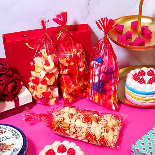 200 Pieces Valentine Cellophane Treat Bags Valentine's Day Plastic Heart Bags Candy Goodies Gift Bags and 200 Pieces Gold Twist Ties for Valentine Party Supplies