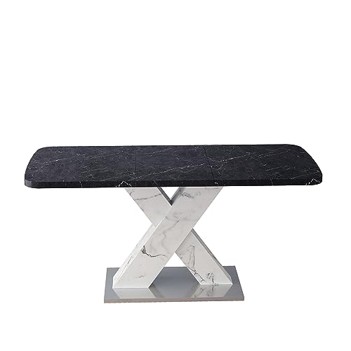 63'' Modern Stretchable Kitchen Table for 4-6 Seats, Space-Saving Expandable Dining Table with Black Marble Veneer Table Top+MDF White X-Shape Table Leg with Metal Base for Dining Room Living Room