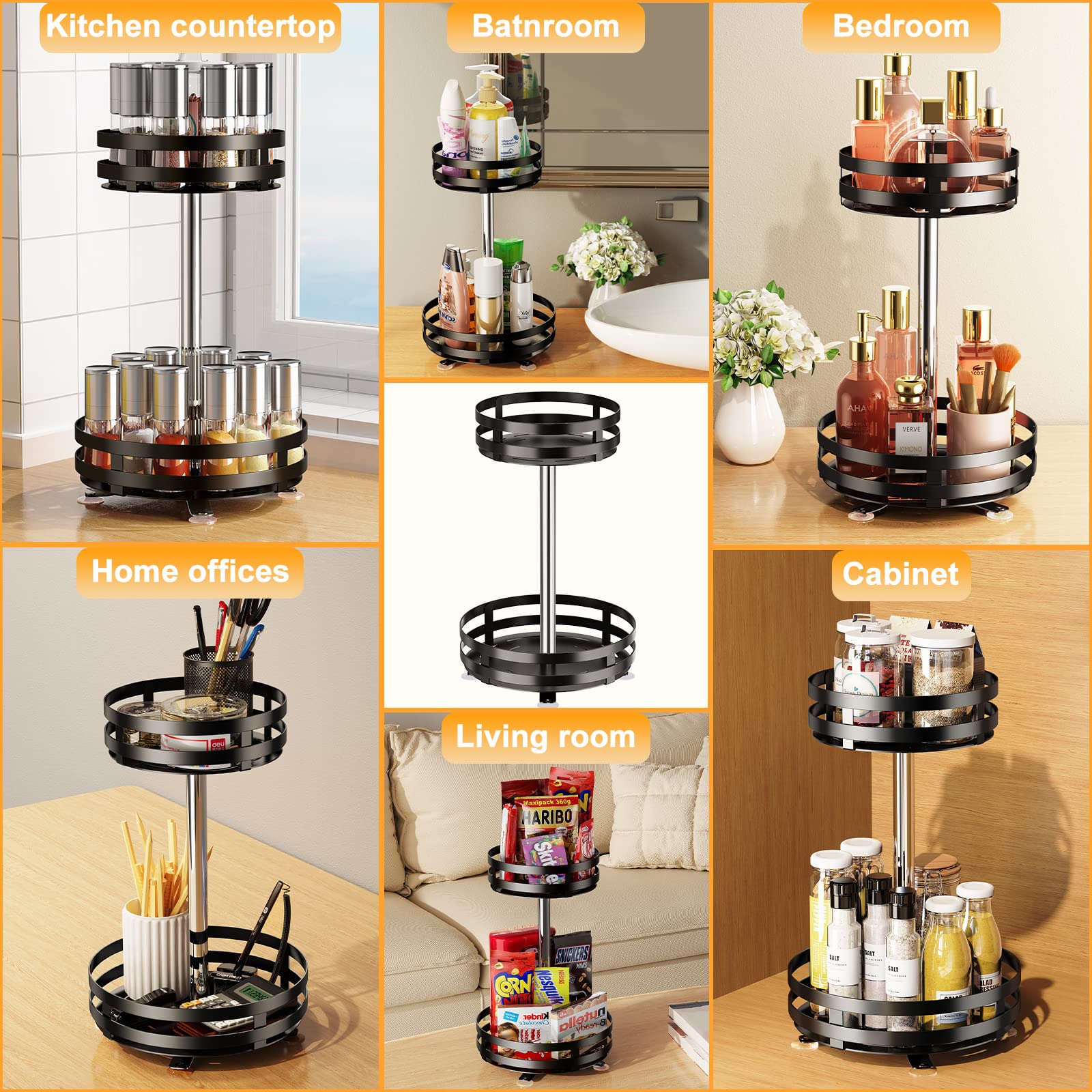 2 Tier Lazy Susan Organizer Metal Steel, Turntable Organizer for Table, Rotating Spice Rack Organizer for Cabinet Pantry Kitchen Countertop, Non Skid Suction Base, 10 inch, Black