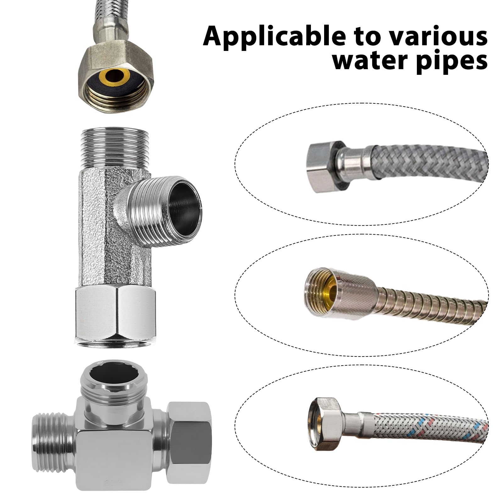 2pcs Hose Fitting Tee Valve T Shape Adapter 3/8 x 1/2 Adapter T Connector Valve Splitting Water Supply T Pipe Fitting 3 Way Valve 3/8 Tee Compression for Bath Bidet Sprayer Toilet Shower Head