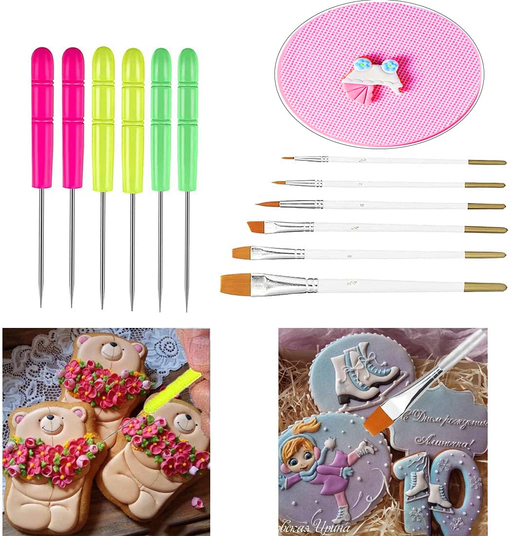 16 Pcs Cookie Decorating Kit Cookie Turntable Decorating Supplies with 2 Acrylic Cookie Turntable 6 Cookie Scribe Needle and 2 Silicone Mesh Mats 6 Cookie Decoration Brushes