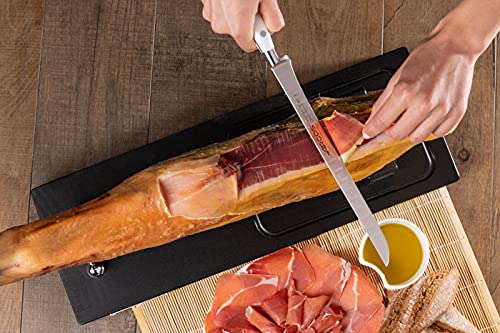 ARCOS Forged Slicing Knife / Ham Knife 10 Inch Nitrum Stainless Steel and 250 mm blade. Ergonomic Polyoxymethylene POM Handle. Series Riviera Blanc. Thin blade with a characteristic smooth edge. Color White.
