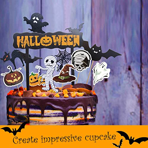 Halloween Party Supplies Cake Toppers, 25PCS Halloween Cupcake Picks Set, Haunted House Cake Decor with Pumpkin Ghost and Skull, Bake Dessert Favors for Halloween Kids Decorations Gift