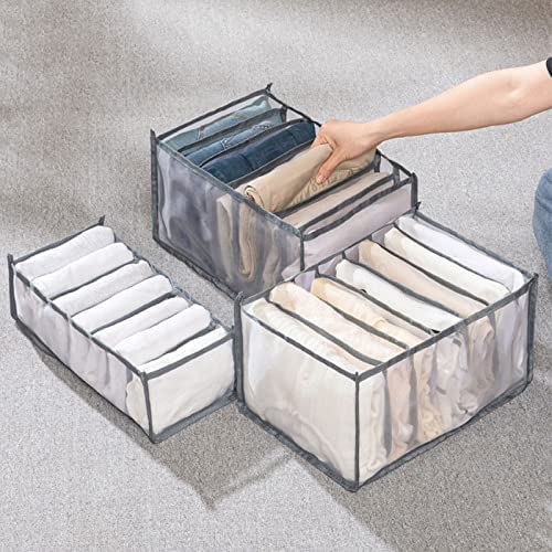 3 Pcs 7 Grids Washable Wardrobe Clothes Organizer,Jeans Compartment Storage Box, Foldable Closet Drawer Organizer Clothes Drawer Mesh ,and 9 Grids Shirts, T-shirts Grid (2 pcs Jeans Grid+Leggings Grid)