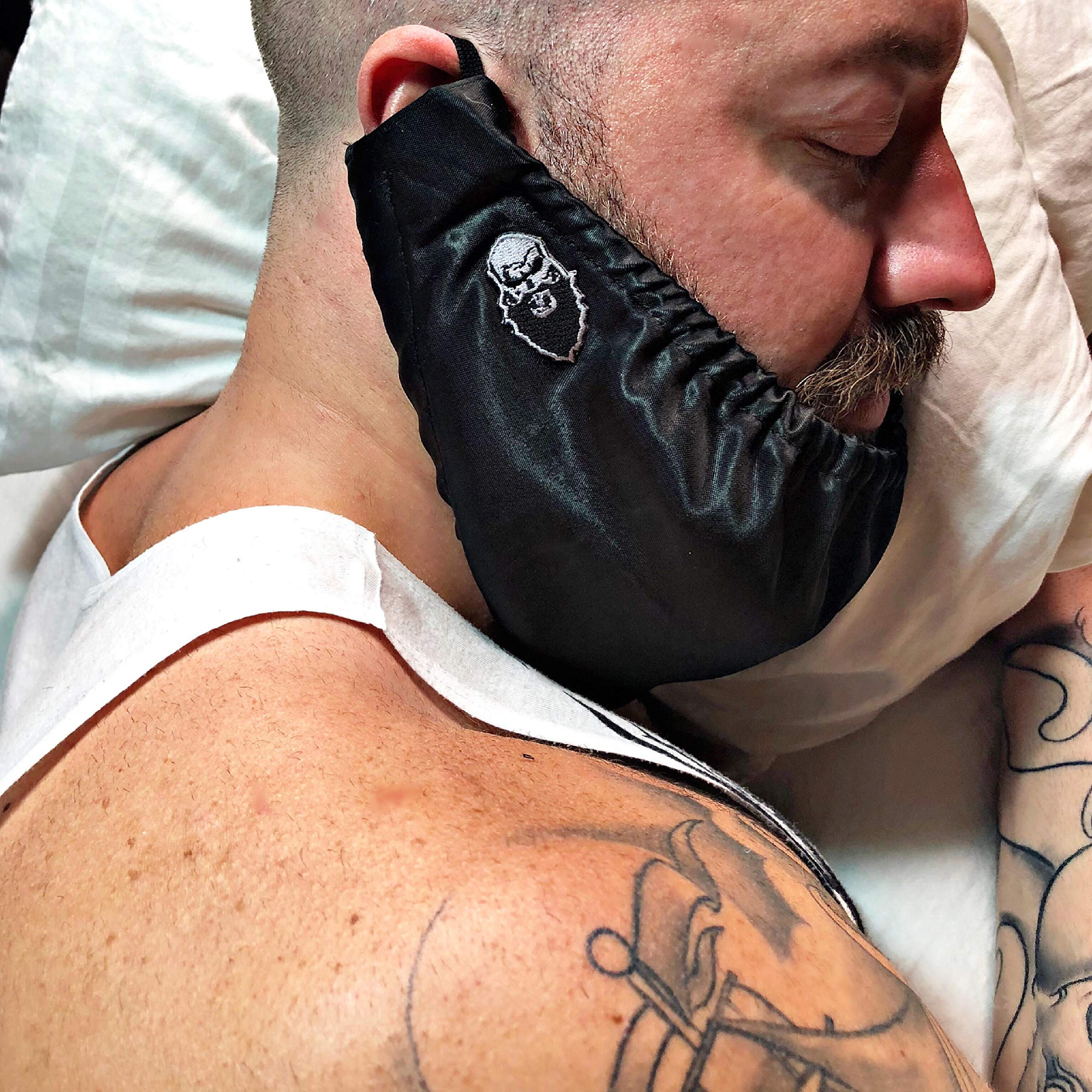Beard Gains Beard Bandana - Mens Bedtime Bib Made In USA - Adjustable Facial Hair Apron Guard Bonnet Rag (Short String Over Ear)