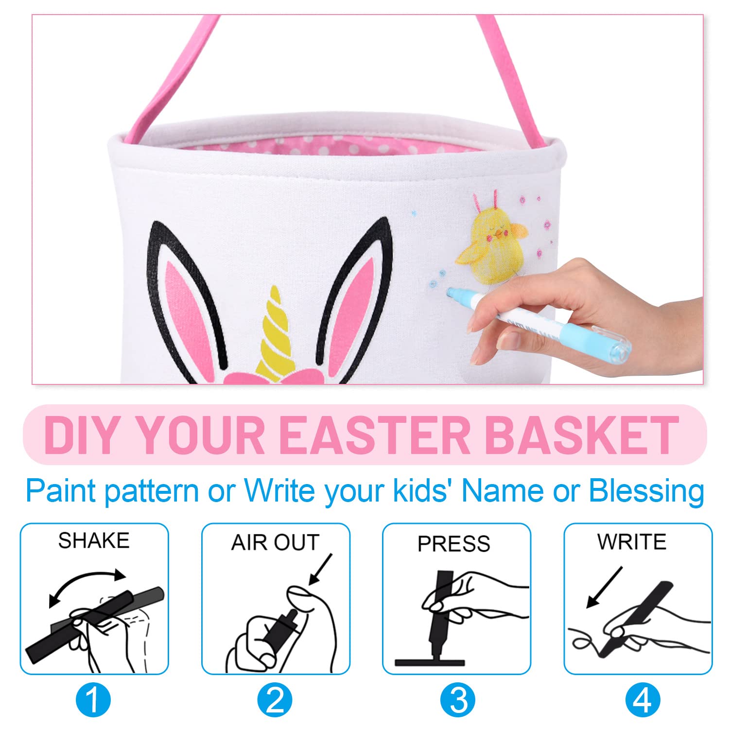 2PCS Large Easter Basket Empty for Teens Boys Girls Kids + Easter Banner + Pen, Bunny Personalized Easter Basket for Candy Stuffers Gifts Toys Egg Hunt Tote Bag Bucket, Party Favors Easter Basket Bulk