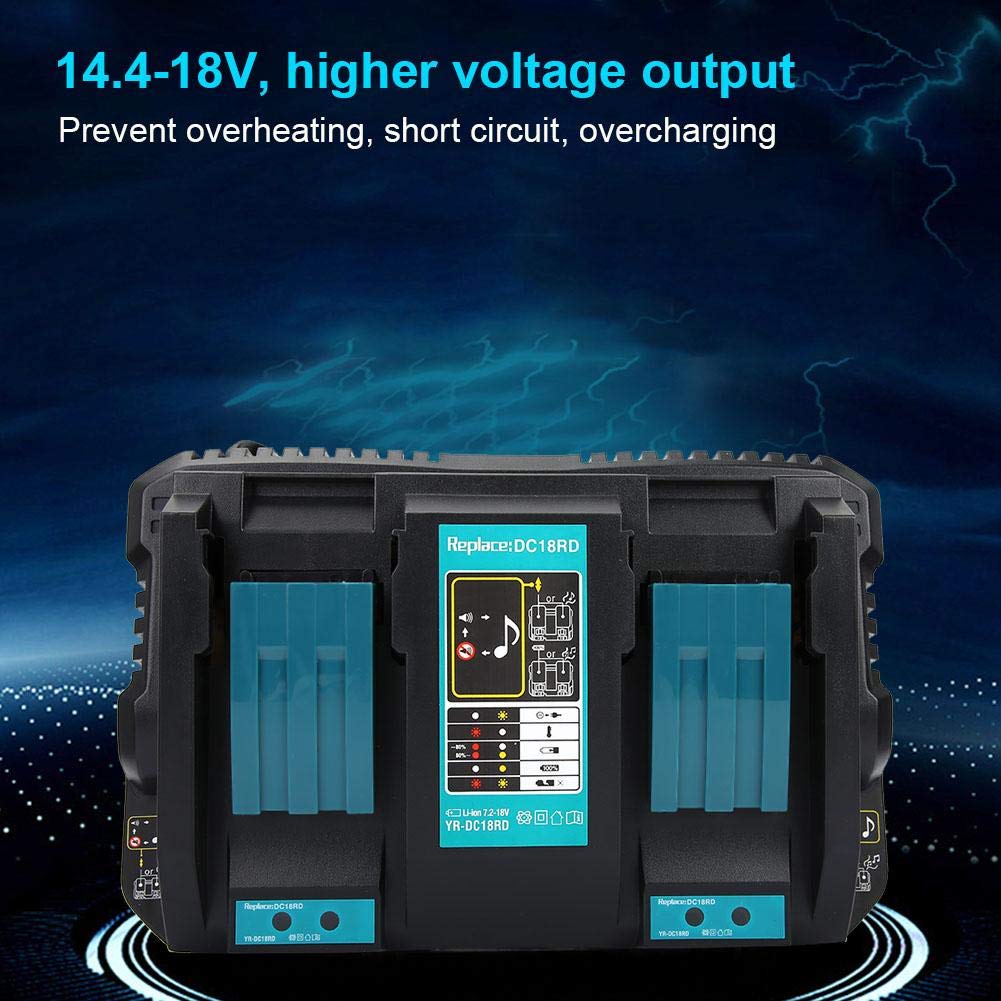 14.4-18V Lithium Battery Charger, Dual Port DC18RD Replacement for MAKITA Li-ion Battery Double Port US Plug 110V