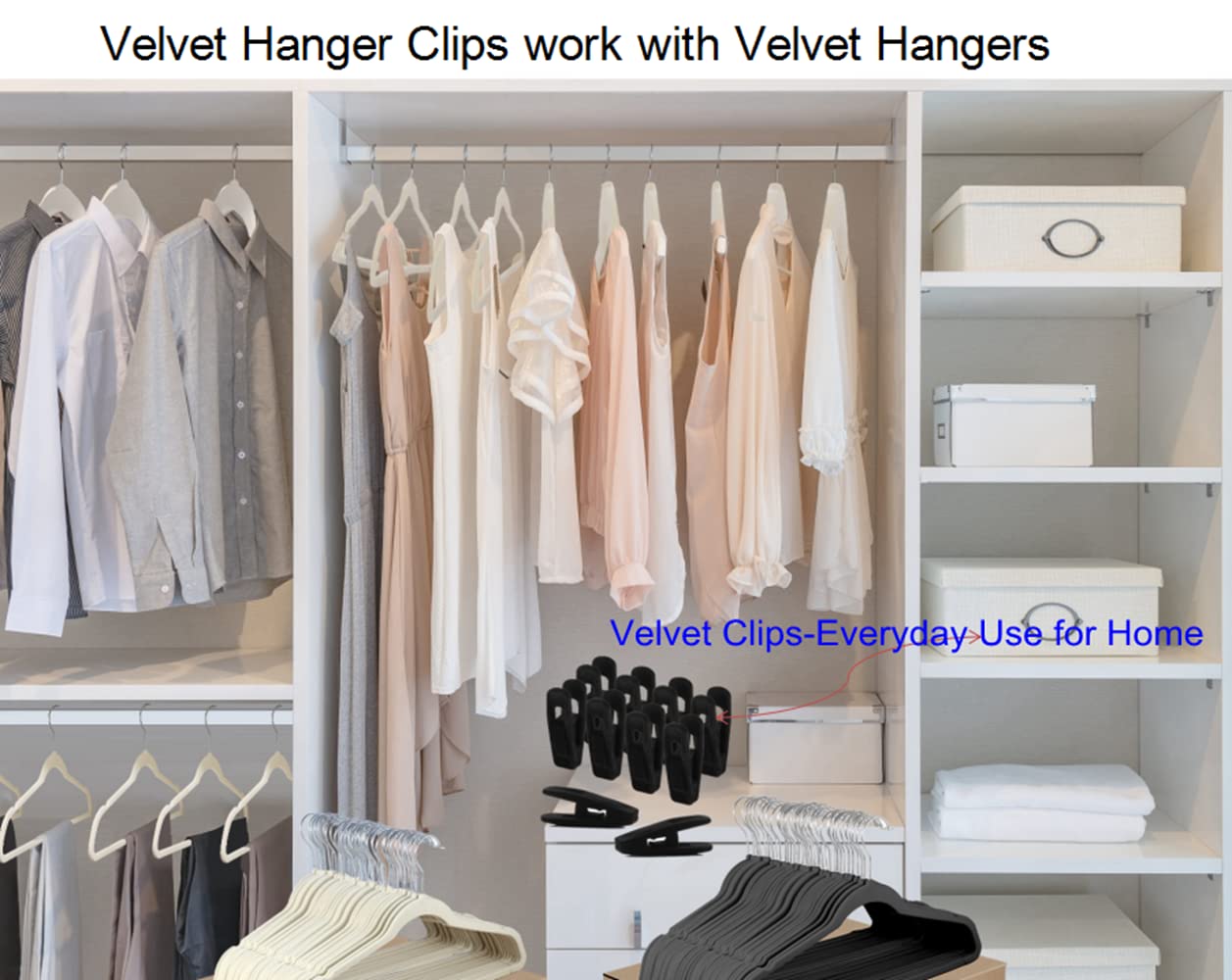 20Pcs Velvet Hangers Clips,Pants Hangers Clips, Strong Finger Flocked Clips Perfect for Use with Slim-line Clothes Velvet Hangers,Clothes Pins (Black, 20PCS)