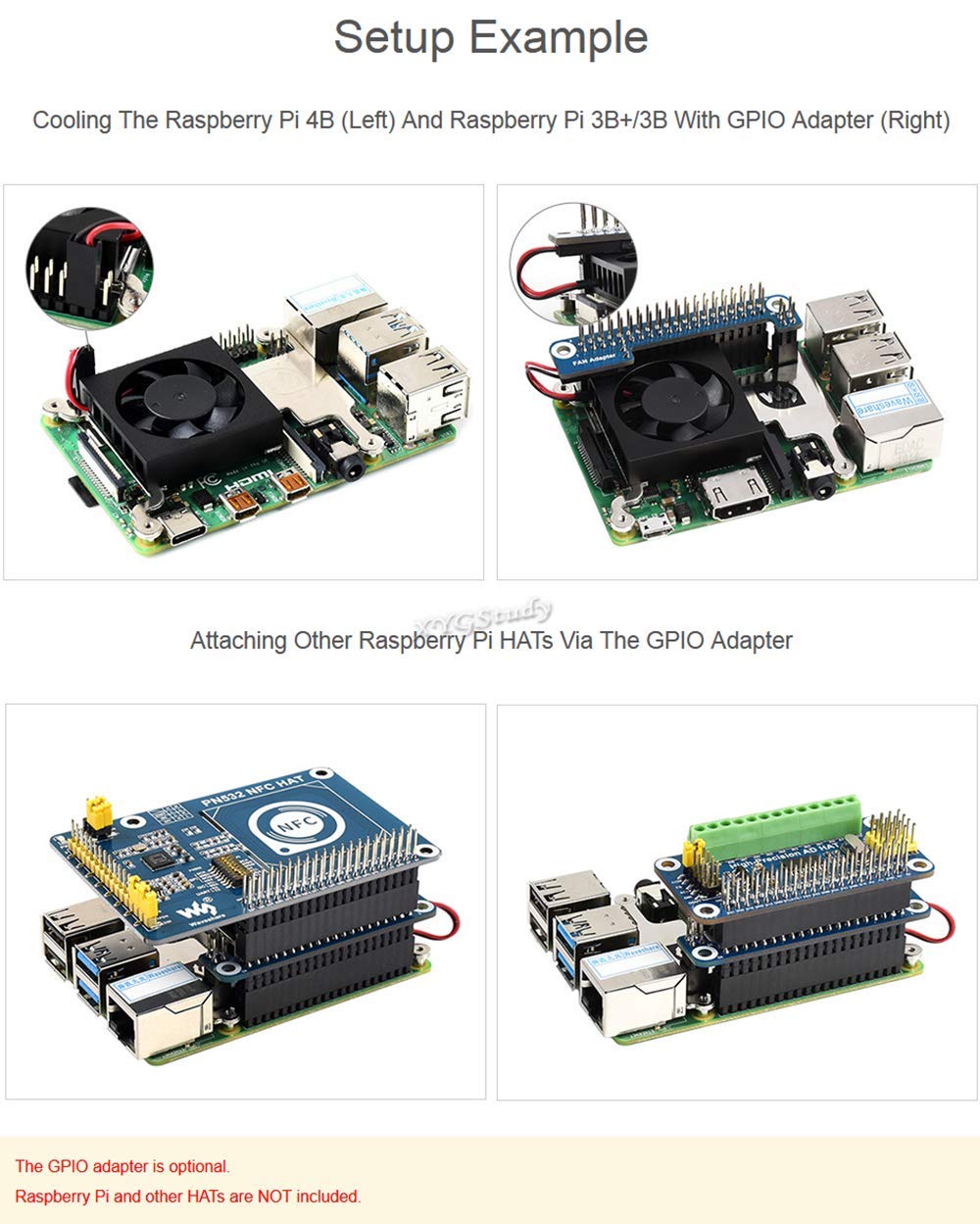 Cooling Fan for Raspberry Pi 4B/3B+/3B Low-Profile CPU with Aluminum Alloy Bracket and GPIO Fan Adapter @XYGStudy (PI-FAN-3007-B)
