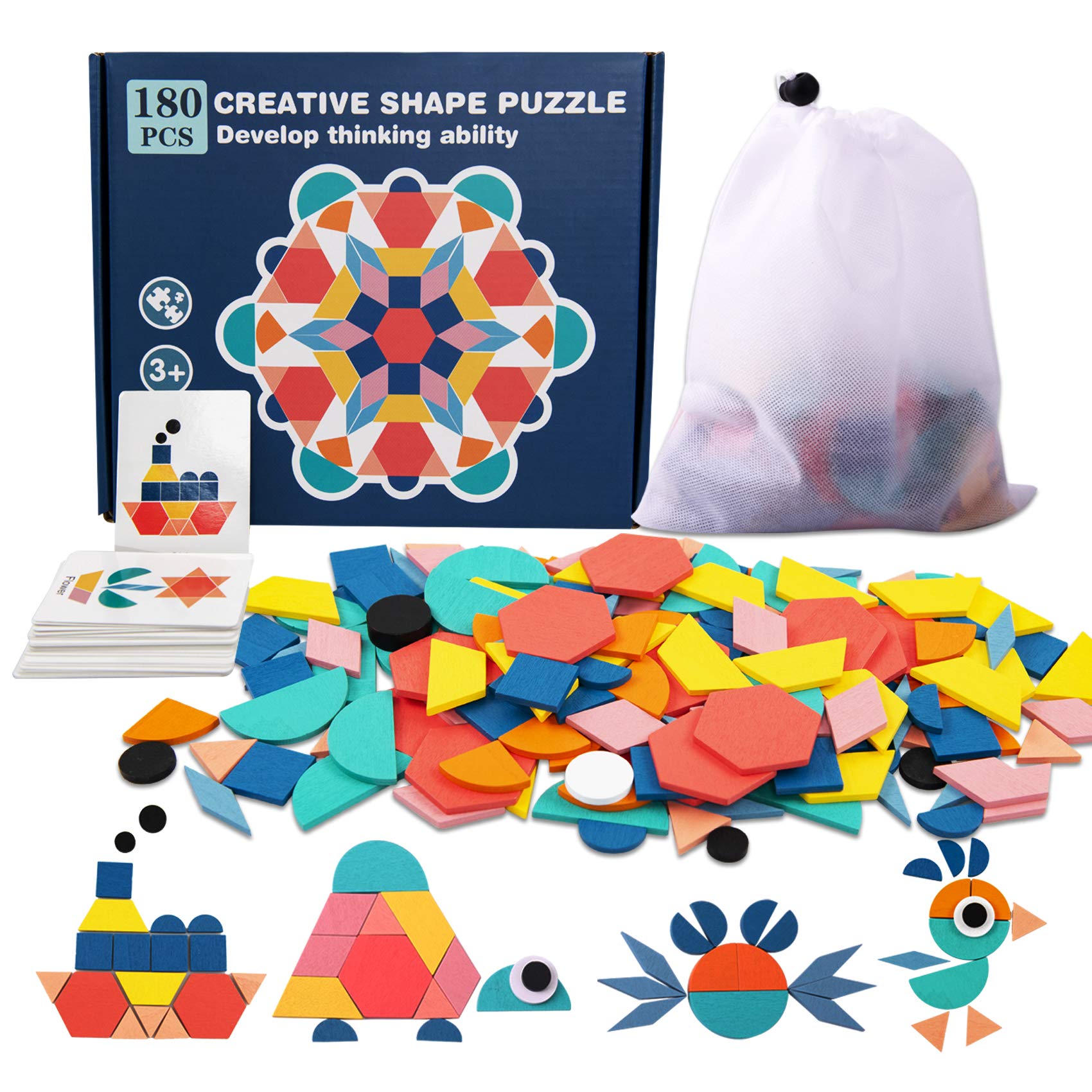 180 Pcs Wooden Pattern Blocks Set Geometric Manipulative Shape Puzzle Kindergarten Classic Educational Montessori Tangram Toys Kids Ages 4-8 Jigsaw Puzzles Gift, 24 Pcs Design Cards