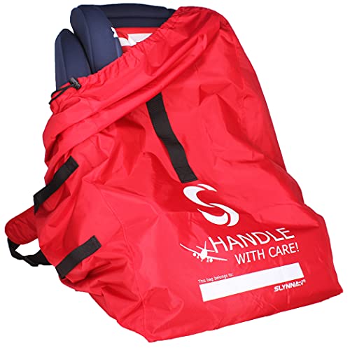 SLYNNAR Car Seat Travel Bag for Airplane - Waterproof Padded Backpack Straps Fits Convertible Car Seats, Infant carriers & Booster Seats, Red