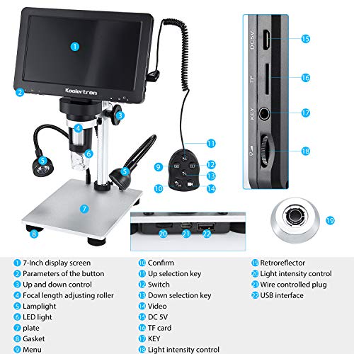 7 inch LCD Digital USB Microscope with 32G TF Card,Koolertron Upgraded 12MP 1-1200X Magnification Camera Video Recorder,Wired Remote,Rechargeable Battery for Circuit Board Soldering PCB Coins Outdoor