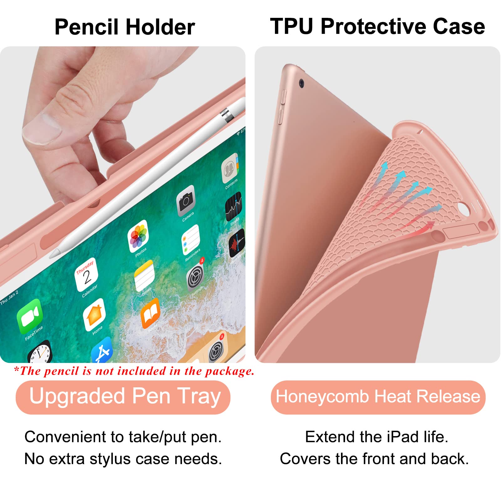 BLUTLOTUS Keyboard case for iPad 9.7 Inch Air 2, iPad 5th/ 6th Generation (2017/2018) with Keyboard Detachable, 7 Color Wireless Backlit Keyboard, Smart Folio Cover with Pencil Holder(Pink)