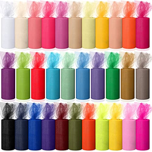 32 Colors Tulle Rolls Tulle Fabric 6 Inches by 25 Yards Rainbow Tulle Ribbon Netting Net Mesh Spool Material for Tutu Wedding Decoration Party Gift Wrapping Skirt Dress DIY Craft